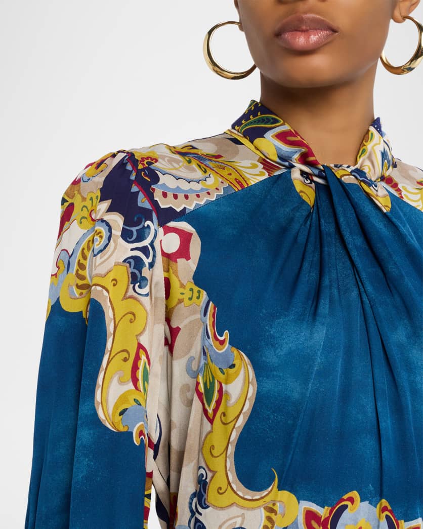 Elie Tahari The Raquel Printed Twist-Neck Midi Dress | Neiman Marcus