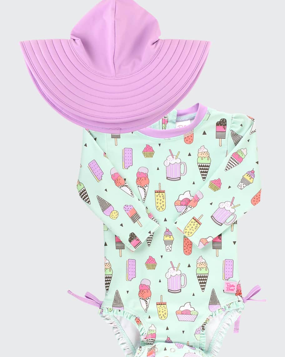 RuffleButts Girl's Print Rash Guard w/ Swim Hat, Size 0M-3 | Neiman Marcus
