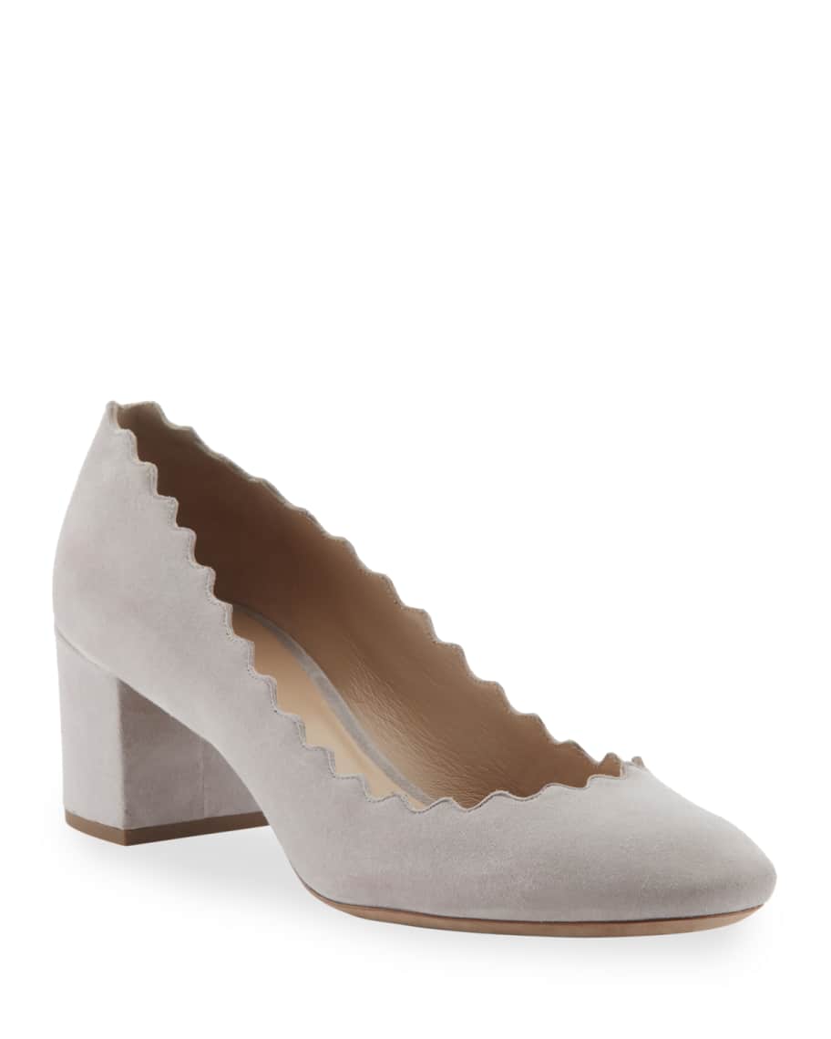 Chloe Lauren Scalloped Suede Block-Heel Pumps | Neiman Marcus