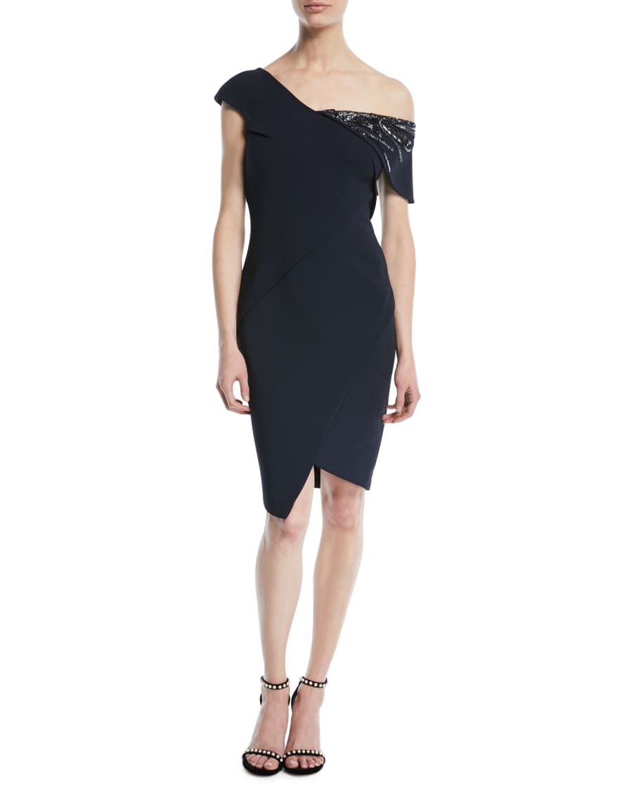Pamella Roland One-Shoulder Bonded Crepe Cocktail Dress with Crystal ...