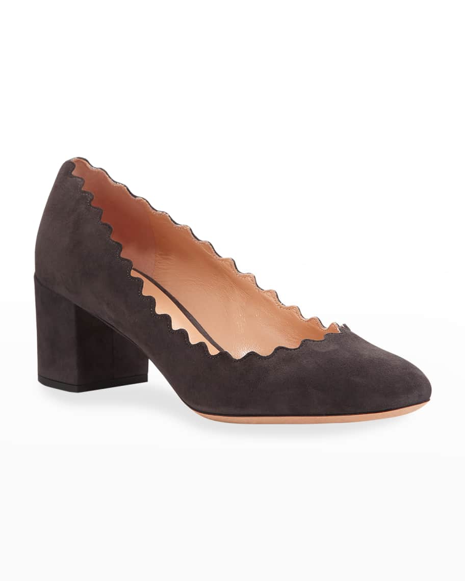 Chloe Lauren Scalloped Suede Block-Heel Pumps | Neiman Marcus