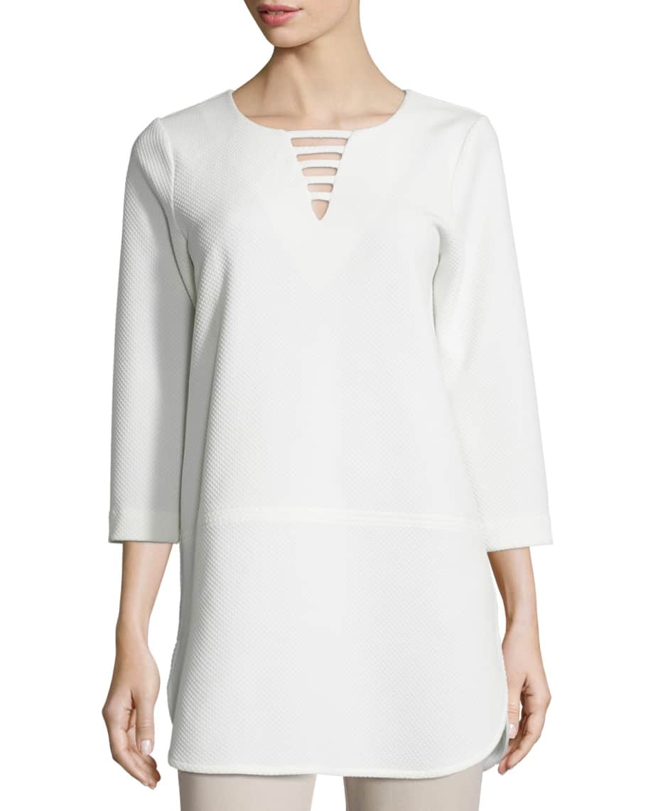 Joan Vass 3/4-Sleeve Lattice-Trim Tunic | Neiman Marcus
