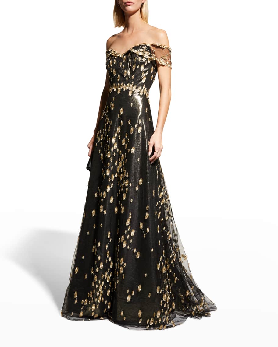 Rene Ruiz Collection Off-Shoulder Metallic A-Line Gown | Neiman Marcus