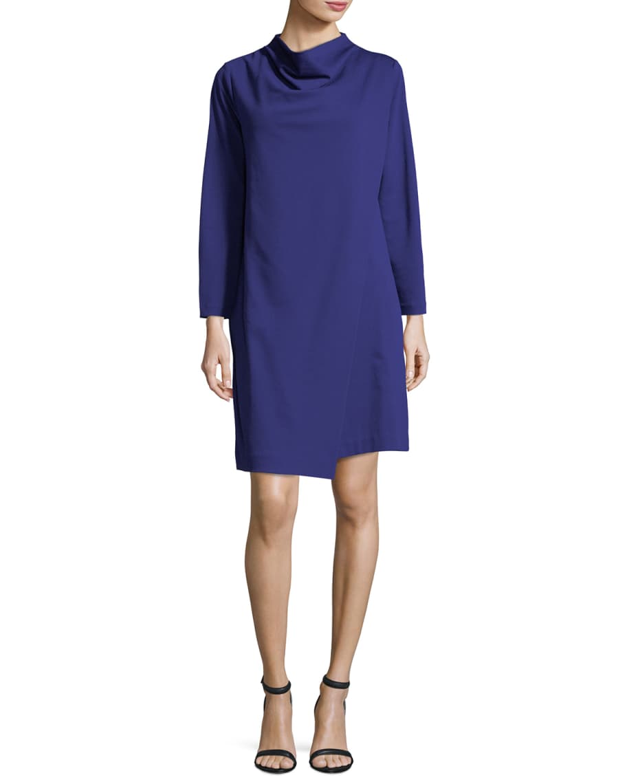 Joan Vass Petite Long-Sleeve Drape-Front Knit Dress | Neiman Marcus