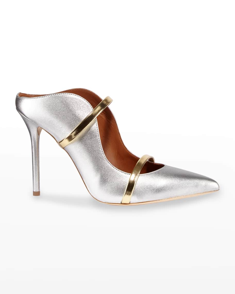 Malone Souliers Maureen 100mm Metallic Leather Two-Strap Mules | Neiman ...