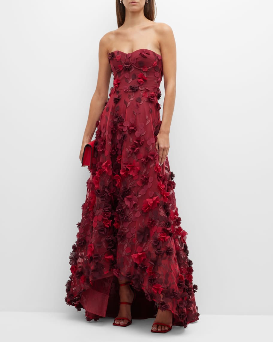 Marchesa Notte Floral-Applique High-Low Bustier Gown | Neiman Marcus
