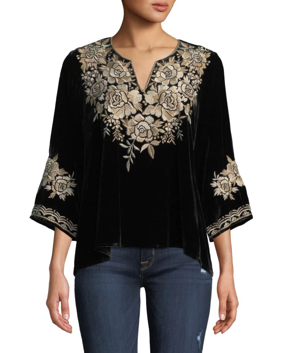 Johnny Was Plus Size Ollena Floral-Embroidered Velvet Top | Neiman Marcus