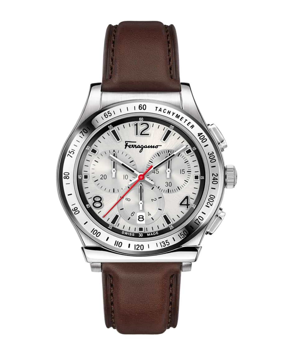Ferragamo Men's 1898 Chronograph Watch with Leather Strap, Silver/Brown ...
