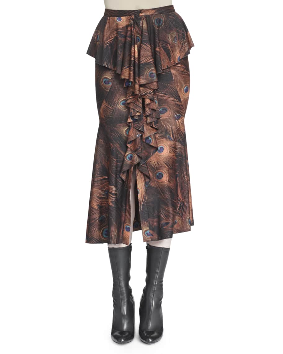 Givenchy Vintage Peacock-Print Cascading Ruffle Skirt | Neiman Marcus