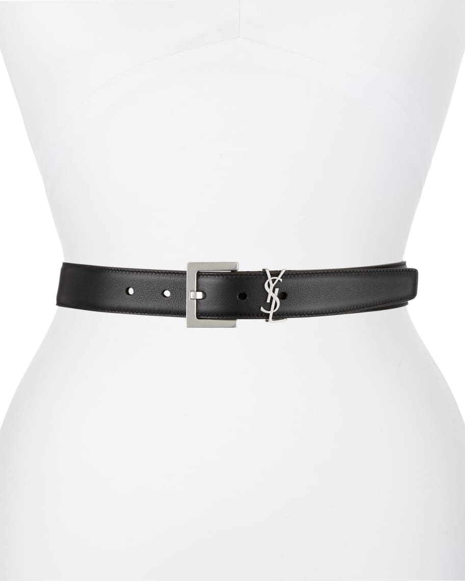 Saint Laurent Silvertone YSL Monogram Leather Belt | Neiman Marcus