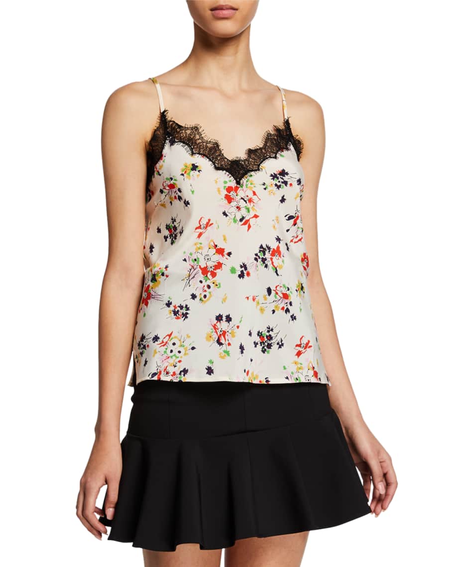 Veronica Beard Gil Floral Stretch-Silk Cami with Lace | Neiman Marcus