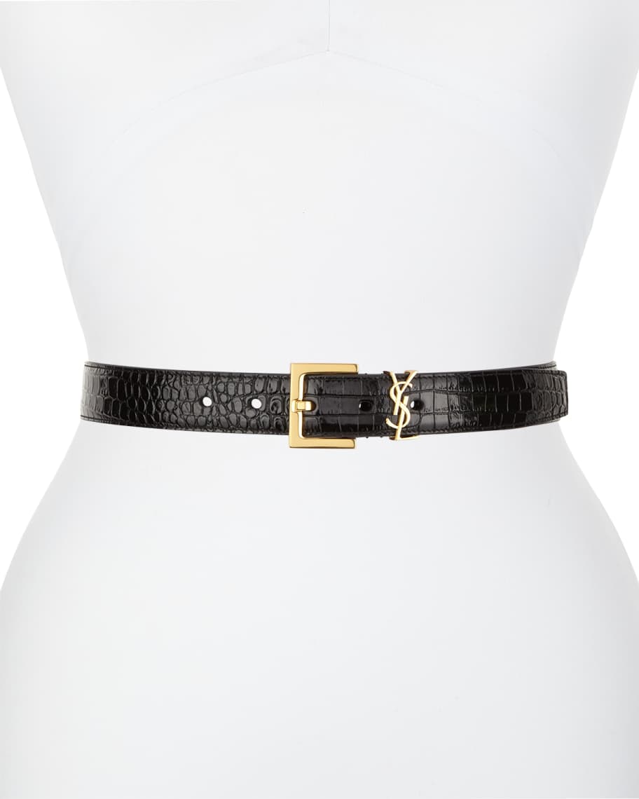 Saint Laurent Golden YSL Monogram Croc-Embossed Leather Belt | Neiman ...