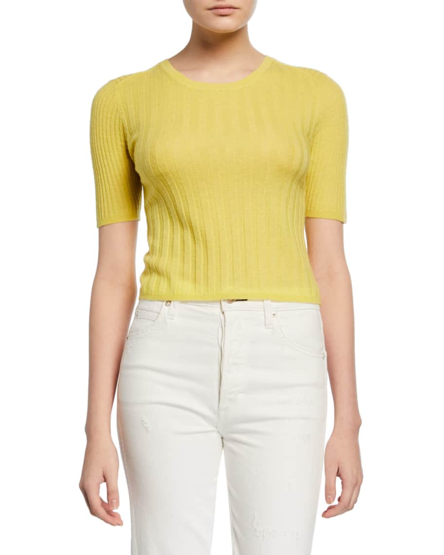 Vince Crewneck Elbow-Sleeve Ribbed Cashmere Pullover | Neiman Marcus