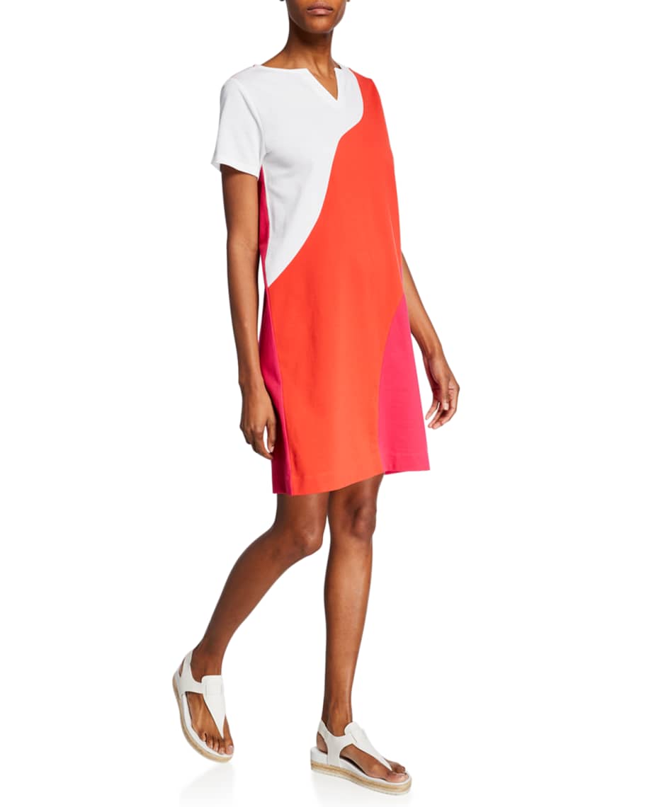 Joan Vass Wave Colorblock Slit-Neck Short-Sleeve Stretch-Pique Dress ...