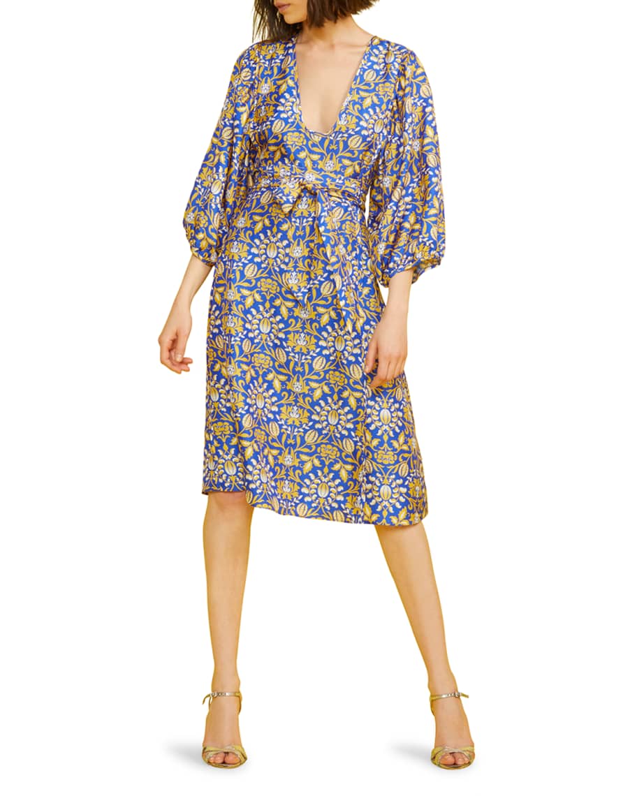 Cynthia Rowley Daley Tie-Waist Blouson-Sleeve A-Line Silk Dress ...