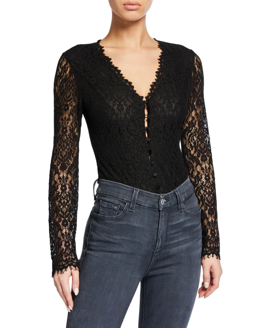 SIMKHAI Long-Sleeve Lace Bodysuit | Neiman Marcus