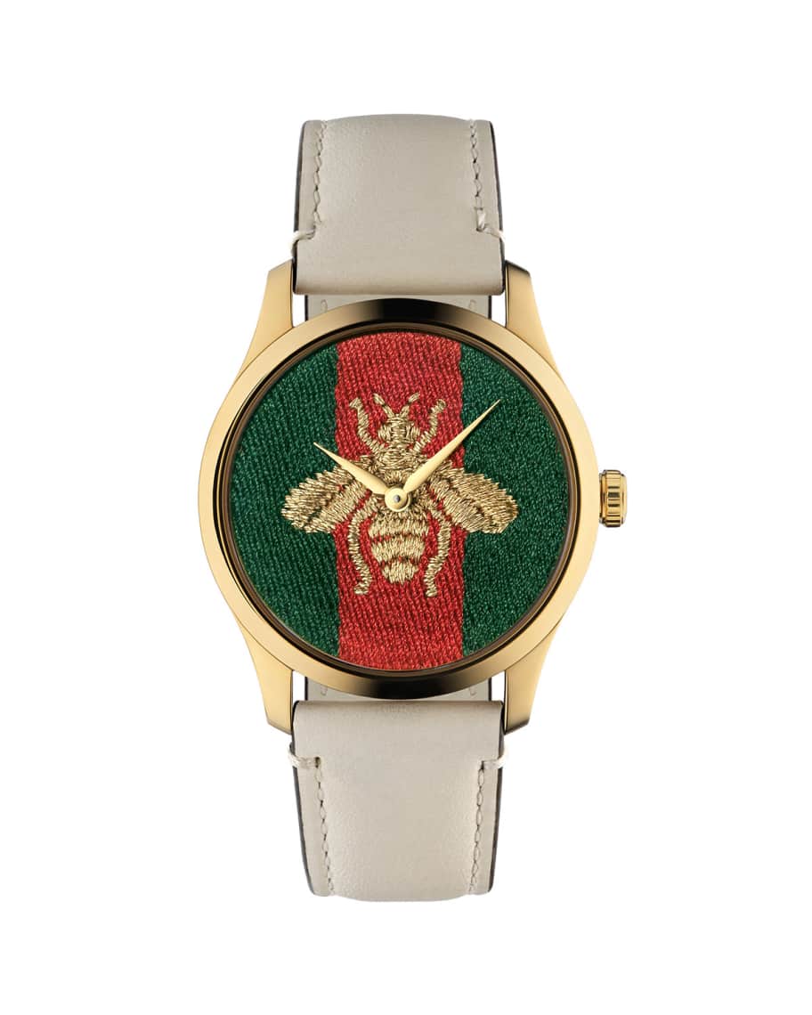 Gucci Men's 38mm Signature Bee Watch w/ Leather Strap | Neiman Marcus
