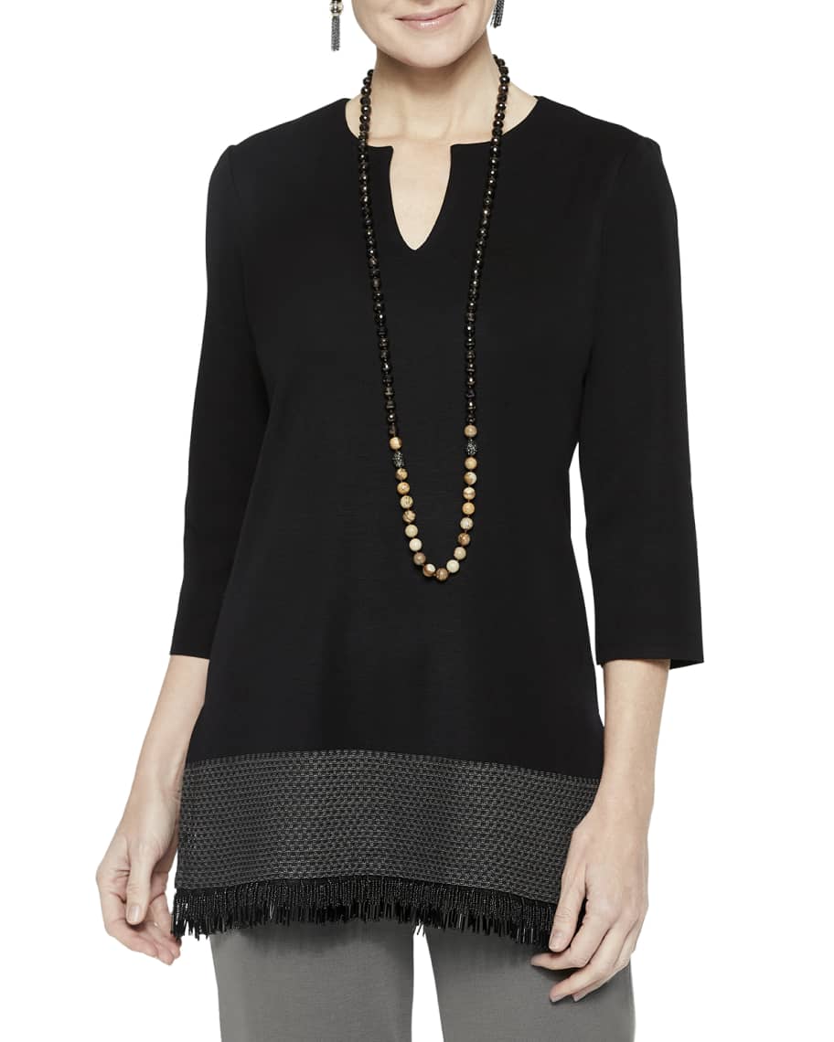 Misook Beaded Fringe 3/4-Sleeve Tunic | Neiman Marcus