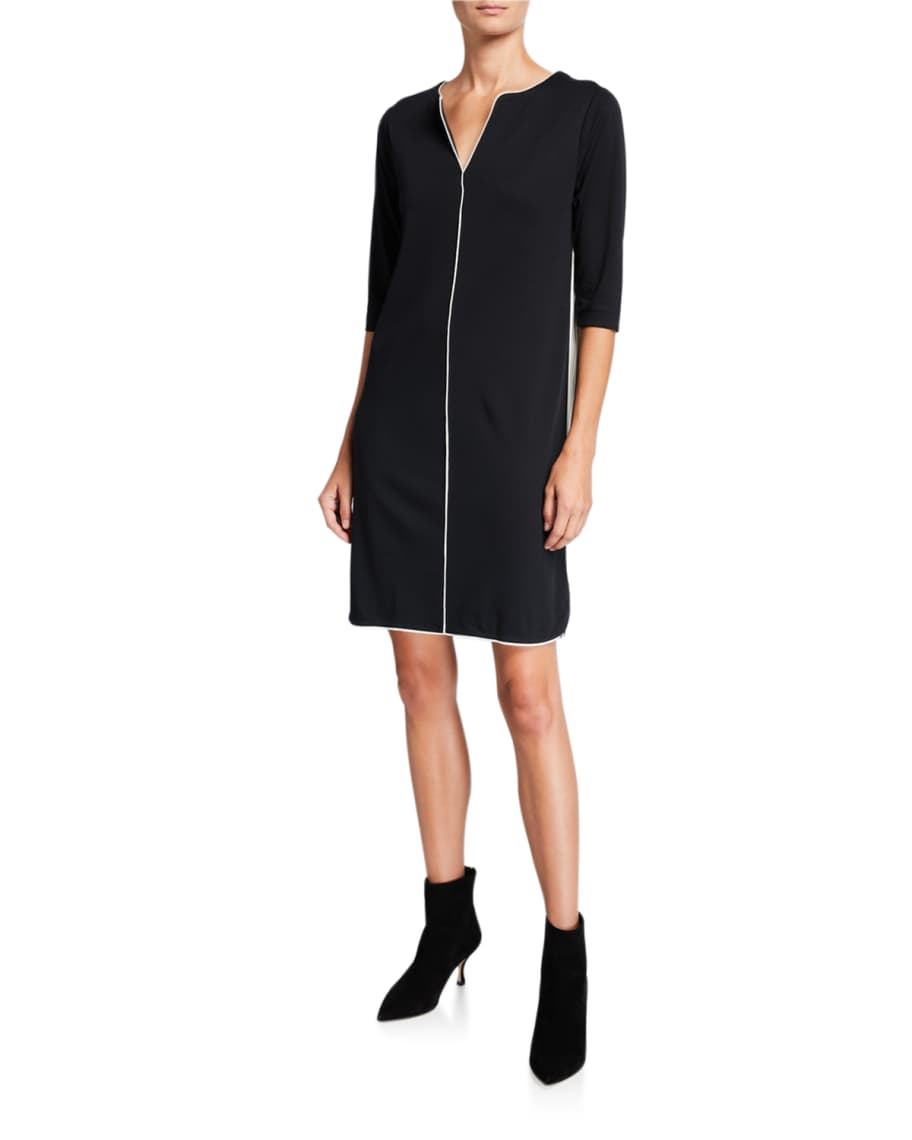 Joan Vass V-Neck 3/4-Sleeve Shift Dress with Contrast Details | Neiman ...