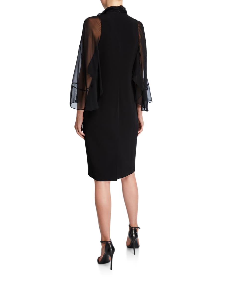 Rickie Freeman for Teri Jon Tie-Neck Sheer-Sleeve Crepe Shift Dress | Neiman Marcus