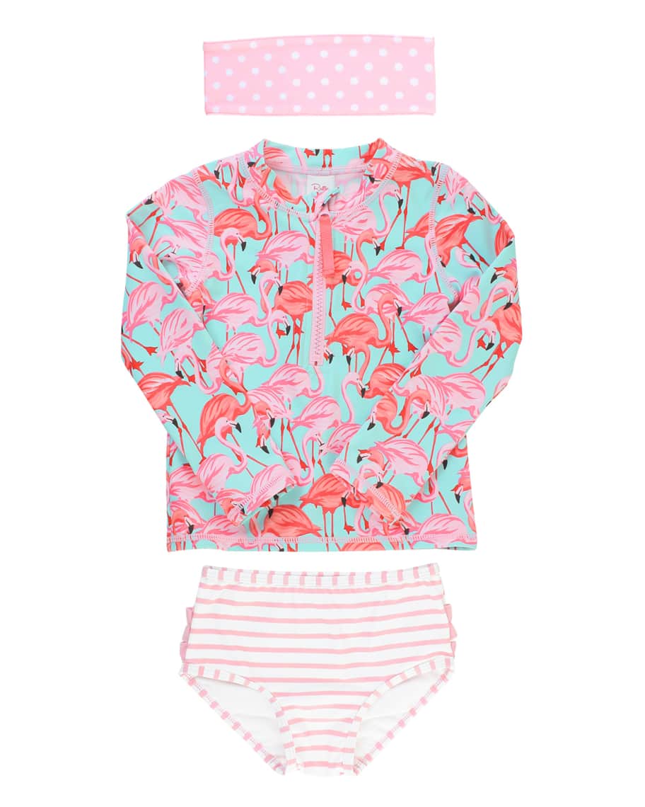 RuffleButts Girl's Flamingo Zip Rash Guard w/ Swim Bottoms & Headband ...