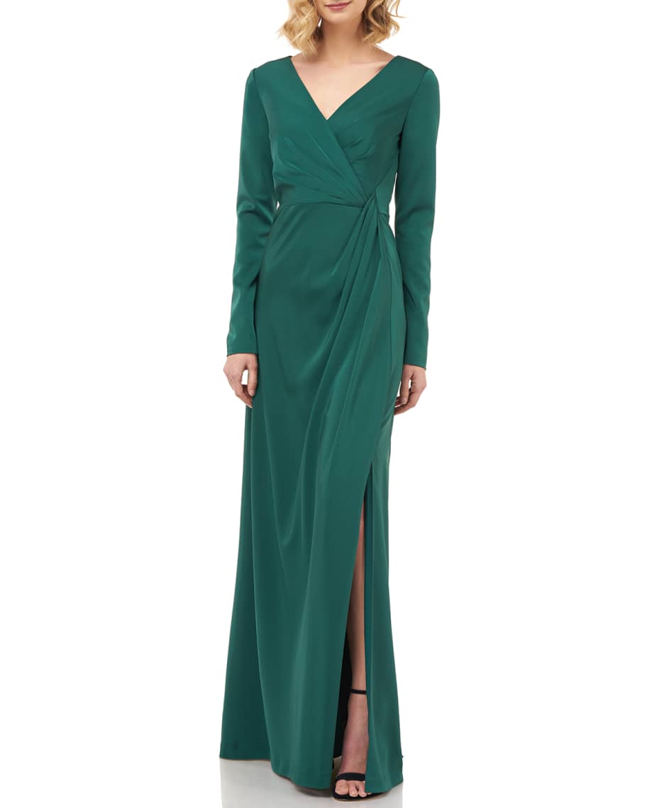 Kay Unger New York Adelina V-Neck Long-Sleeve Stretch Faille Gown w ...
