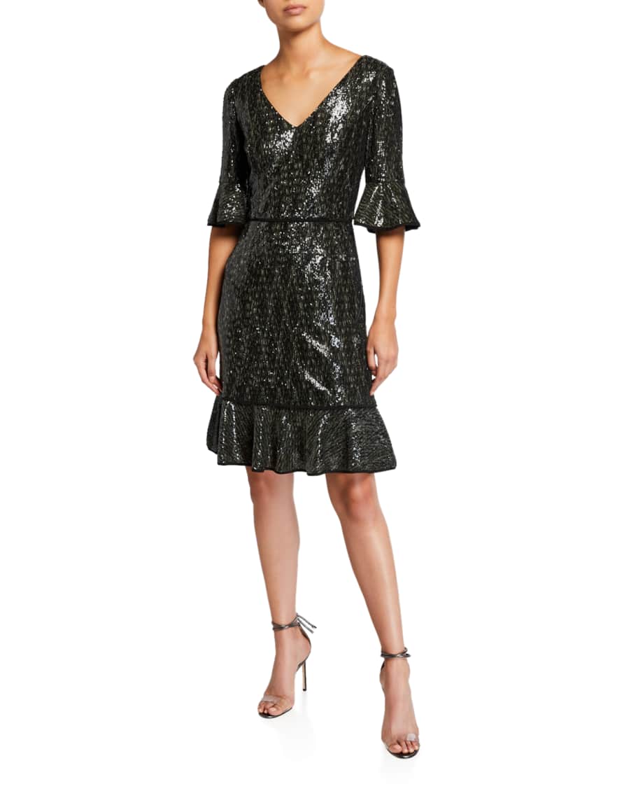 Shani V-Neck Sequin Dress with Flounce Hem | Neiman Marcus