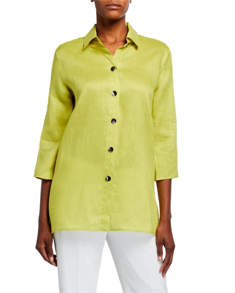 Caroline Rose Breezy Tissue Linen 3/4-Sleeve Shirt | Neiman Marcus
