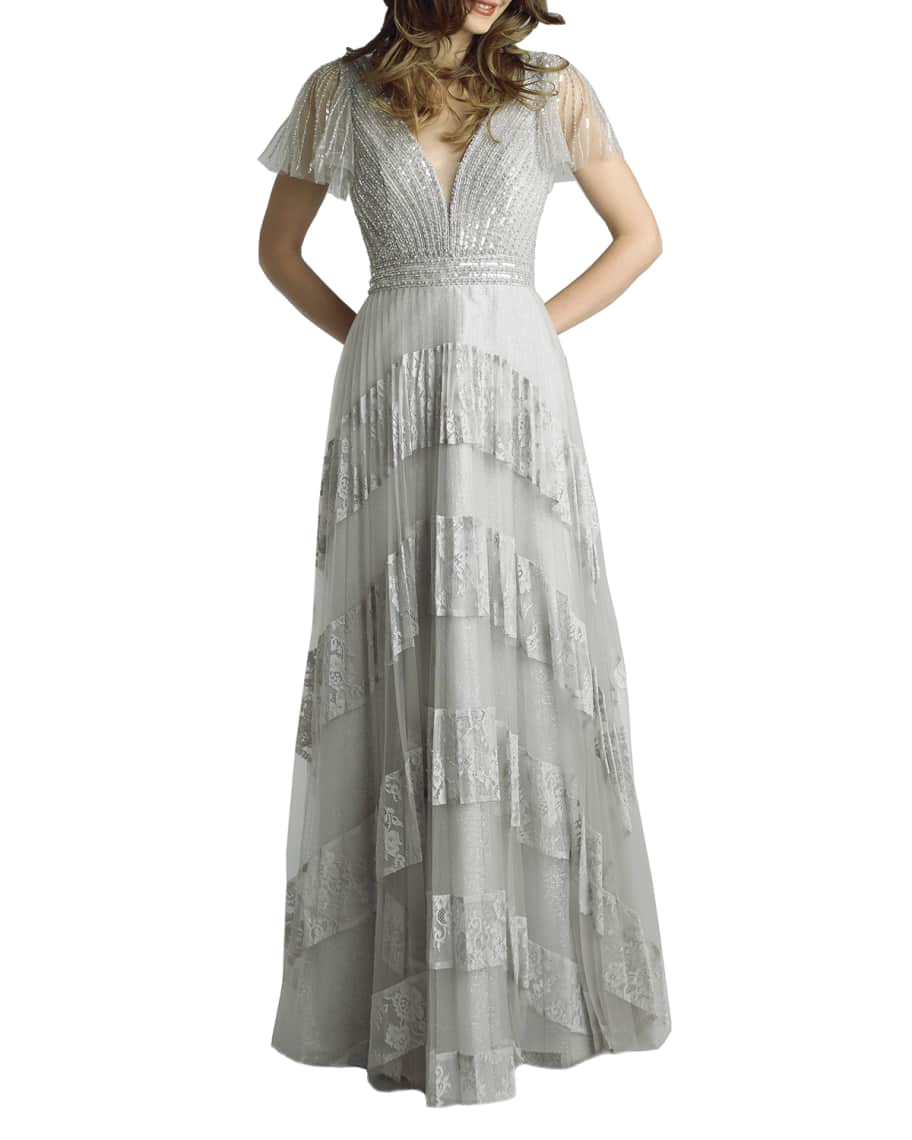 Basix Beaded Embellished Cap-Sleeve Lace Gown | Neiman Marcus