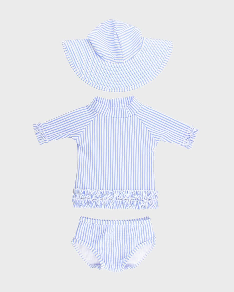 RuffleButts Girl's Seersucker Ruffle Rash Guard Bikini w/ Sun Hat, Size ...