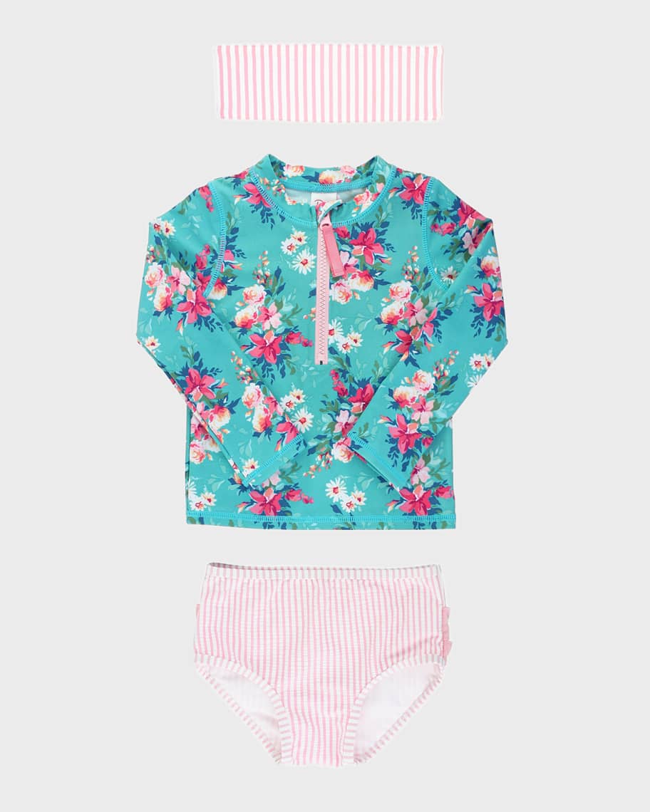 RuffleButts Girl's Floral Seersucker Half-Zip Rash Guard Bikini w ...