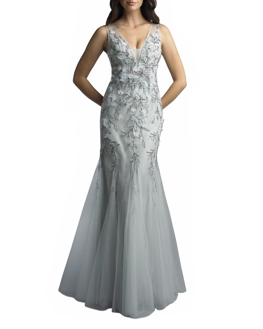 Basix 3-D Embellished Sleeveless Godet Sheath Gown | Neiman Marcus