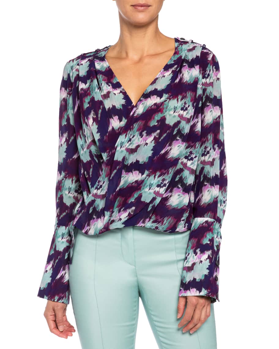 Santorelli Sabil Abstract Georgette Faux-Wrap Blouse | Neiman Marcus