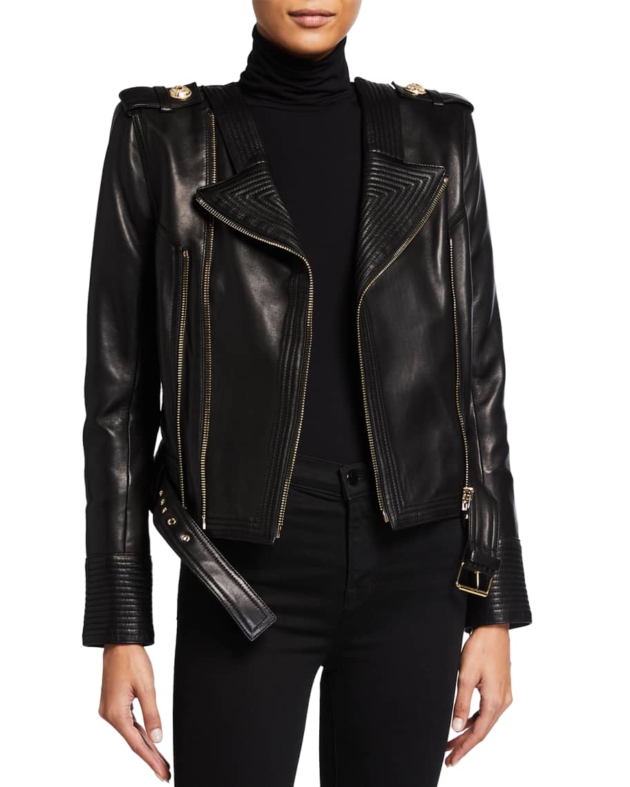 Balmain Logo-Patch Leather Jacket | Neiman Marcus