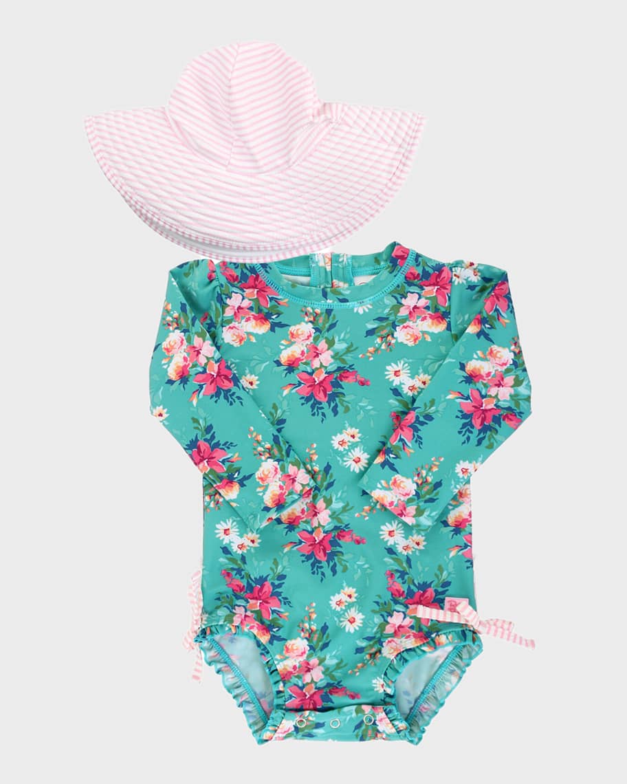 RuffleButts Fancy Me Floral Print Rash Guard w/ Swim Hat, Size 0M-3 ...