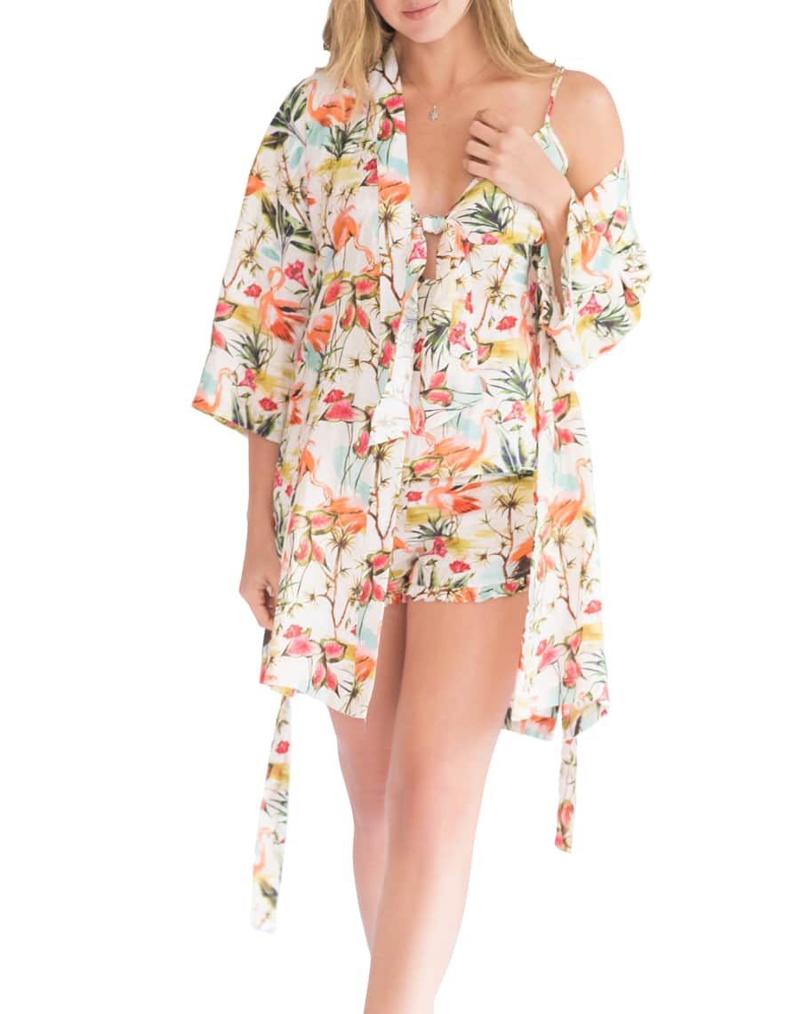 The Lazy Poet Lola Caribbean Flamingos Short Linen Robe | Neiman Marcus
