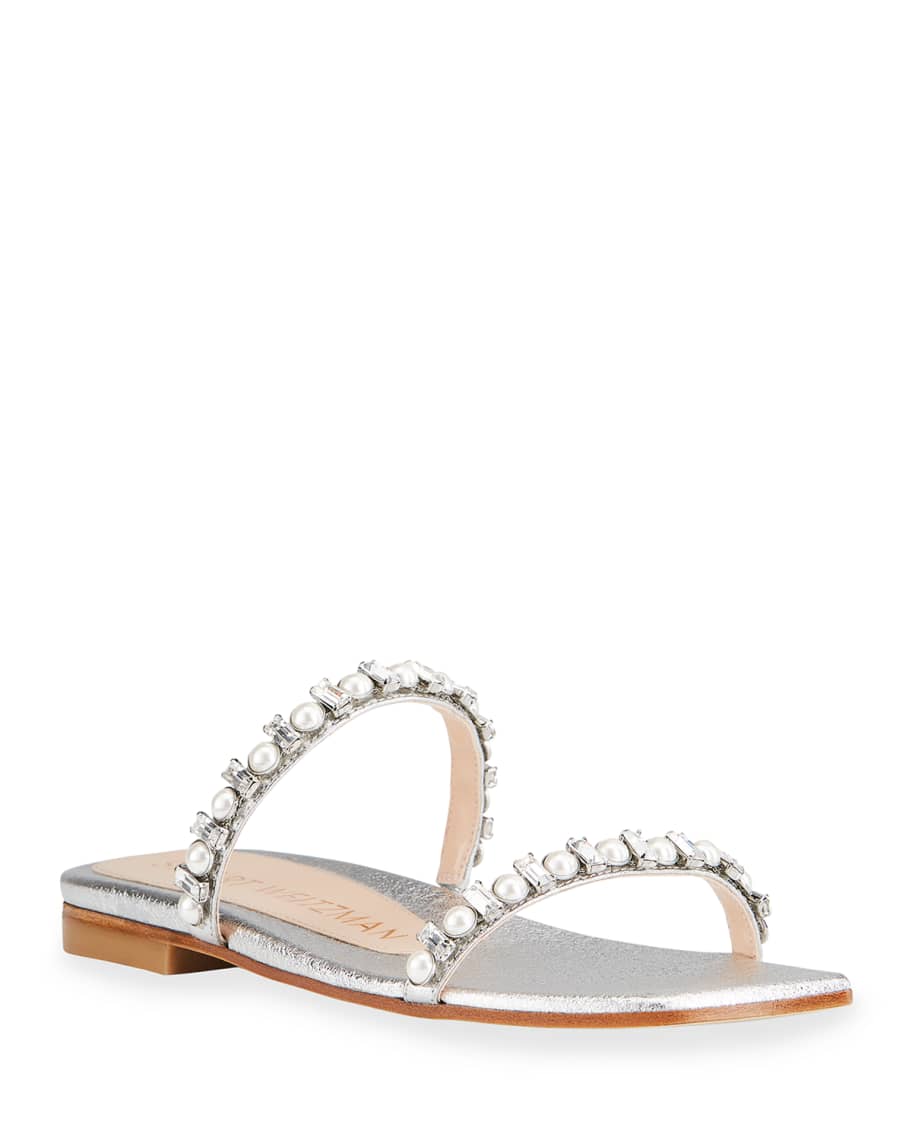 Stuart Weitzman Aleena Shine Metallic Pearly Crystal Flat Sandals ...