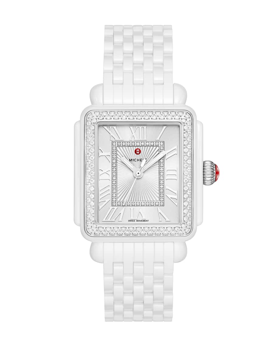 MICHELE Deco Madison Ceramic Diamond Watch, White | Neiman Marcus