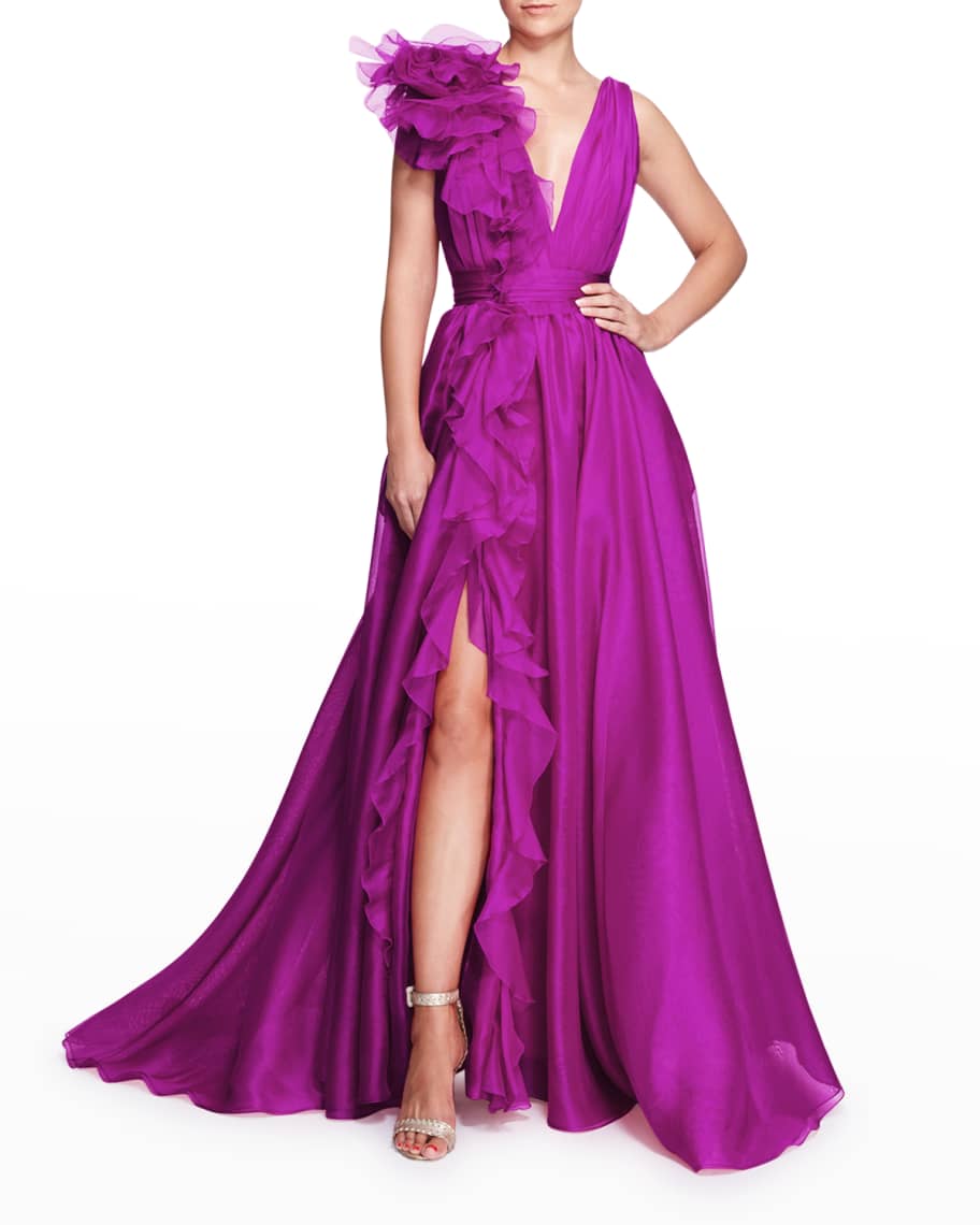 Marchesa Plunging Cascading Ruffle Gown | Neiman Marcus