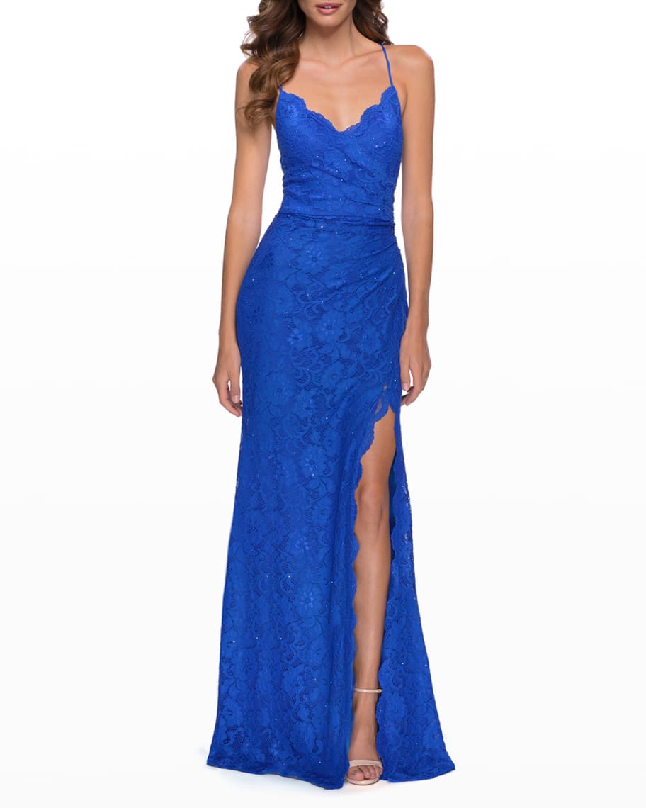 La Femme Floral Lace Column Gown w/ Thigh Slit | Neiman Marcus