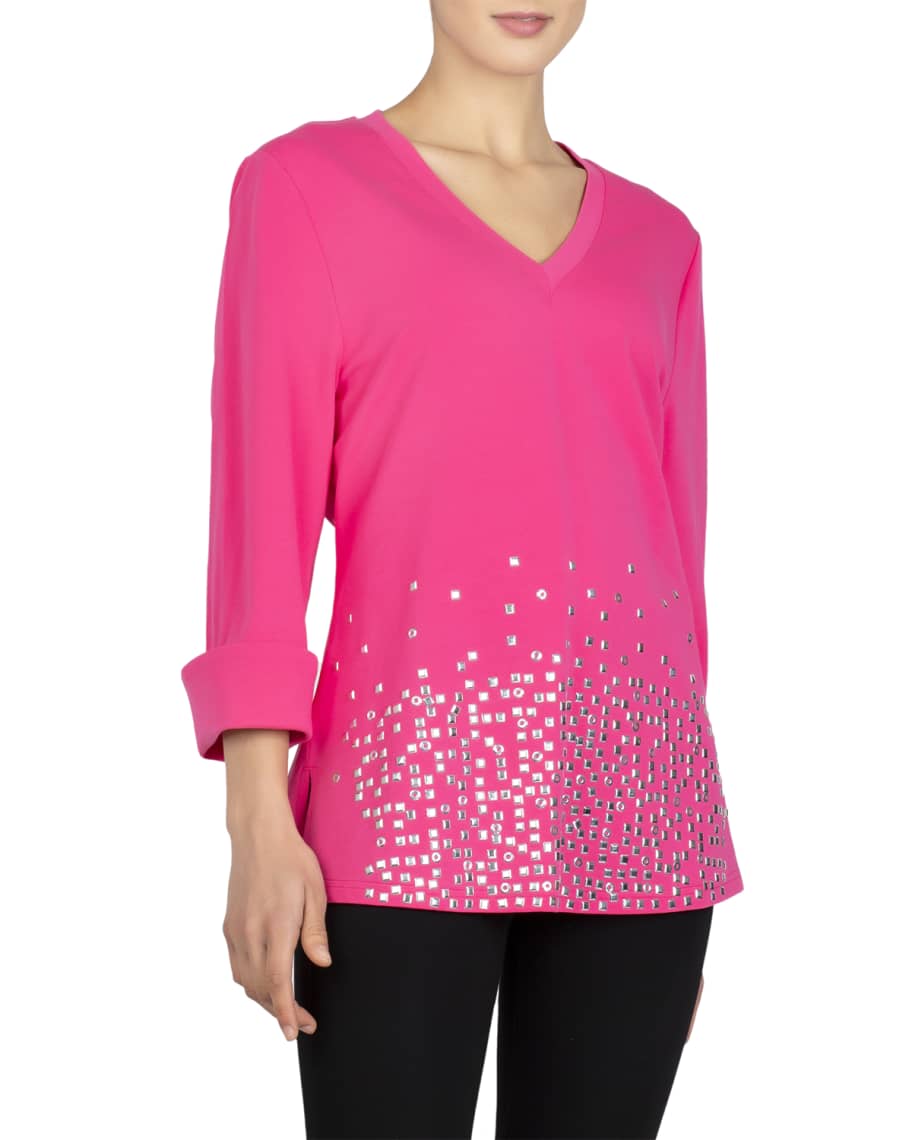 Berek Mini Foil Checks Embellished V-Neck Tunic | Neiman Marcus