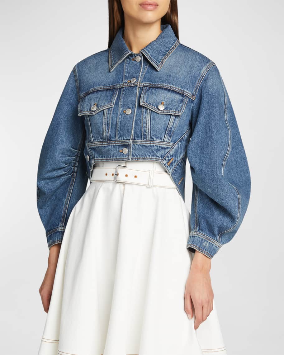McQueen Cropped Puff-Sleeve Denim Jacket | Neiman Marcus