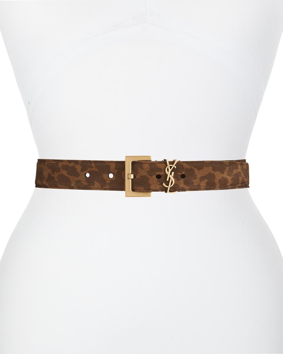 Saint Laurent YSL Monogram Leopard-Print Suede Belt | Neiman Marcus