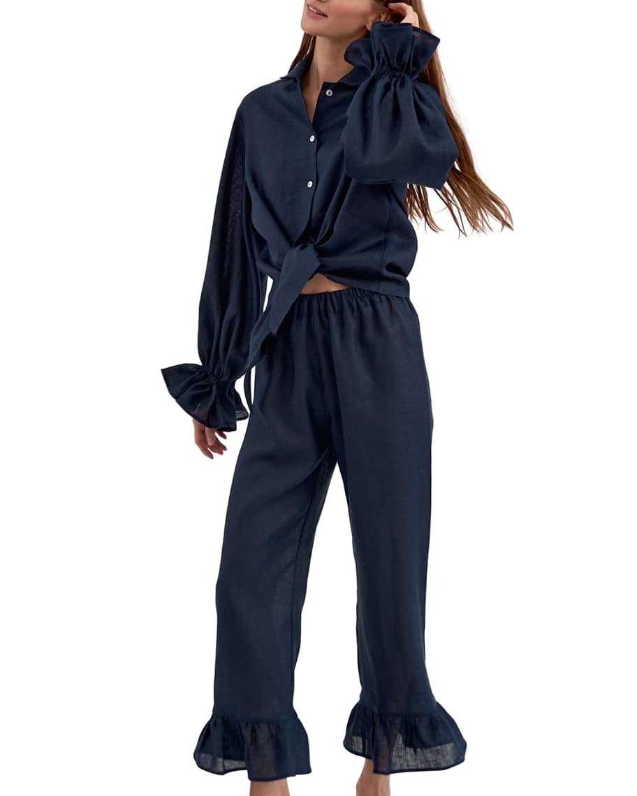 Sleeper Rumba Linen Ruffle-Cuff Lounge Suit | Neiman Marcus