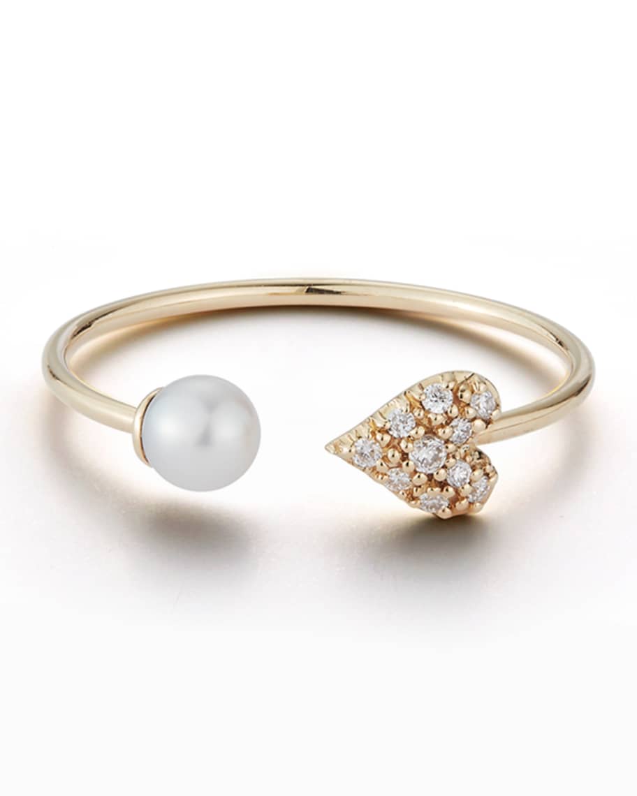 Mizuki 14k Pearl and Diamond Heart Cuff Ring | Neiman Marcus