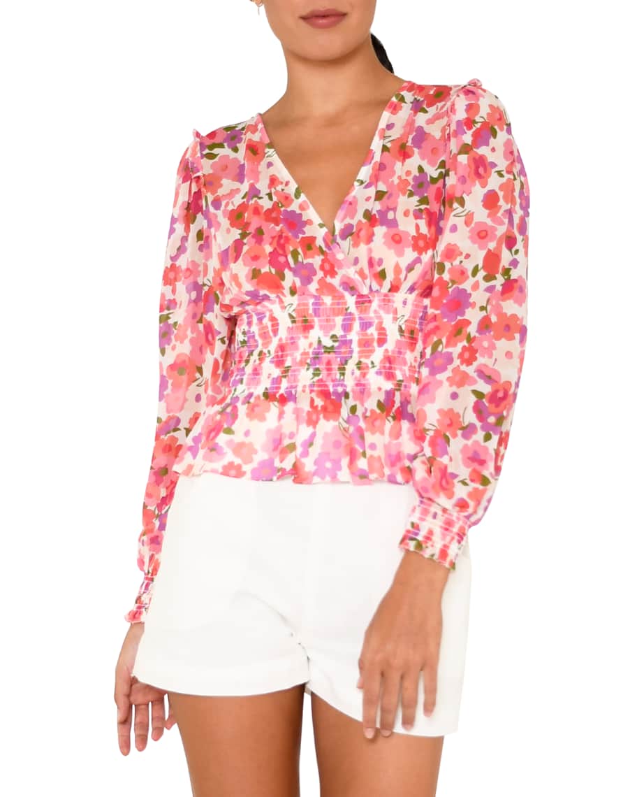 Nicole Miller Day Dream Crinkle Chiffon Long-Sleeve Top | Neiman Marcus