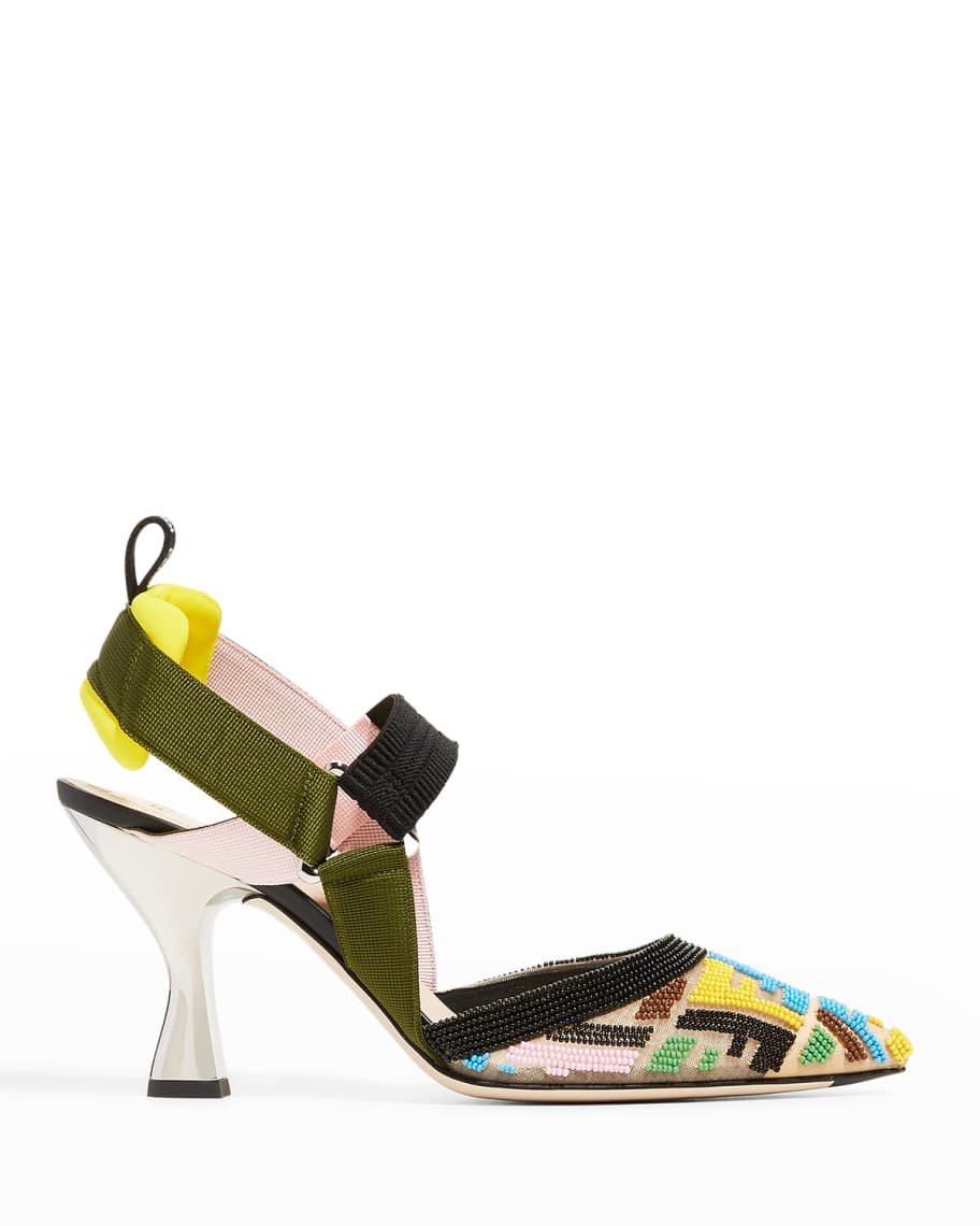 Fendi 85mm FF Embellished Slingback High-Heel Pumps | Neiman Marcus