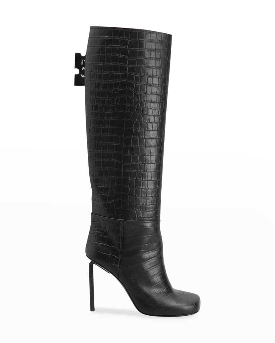 Off-White Allen Croc-Embossed Tall Stiletto Boots | Neiman Marcus