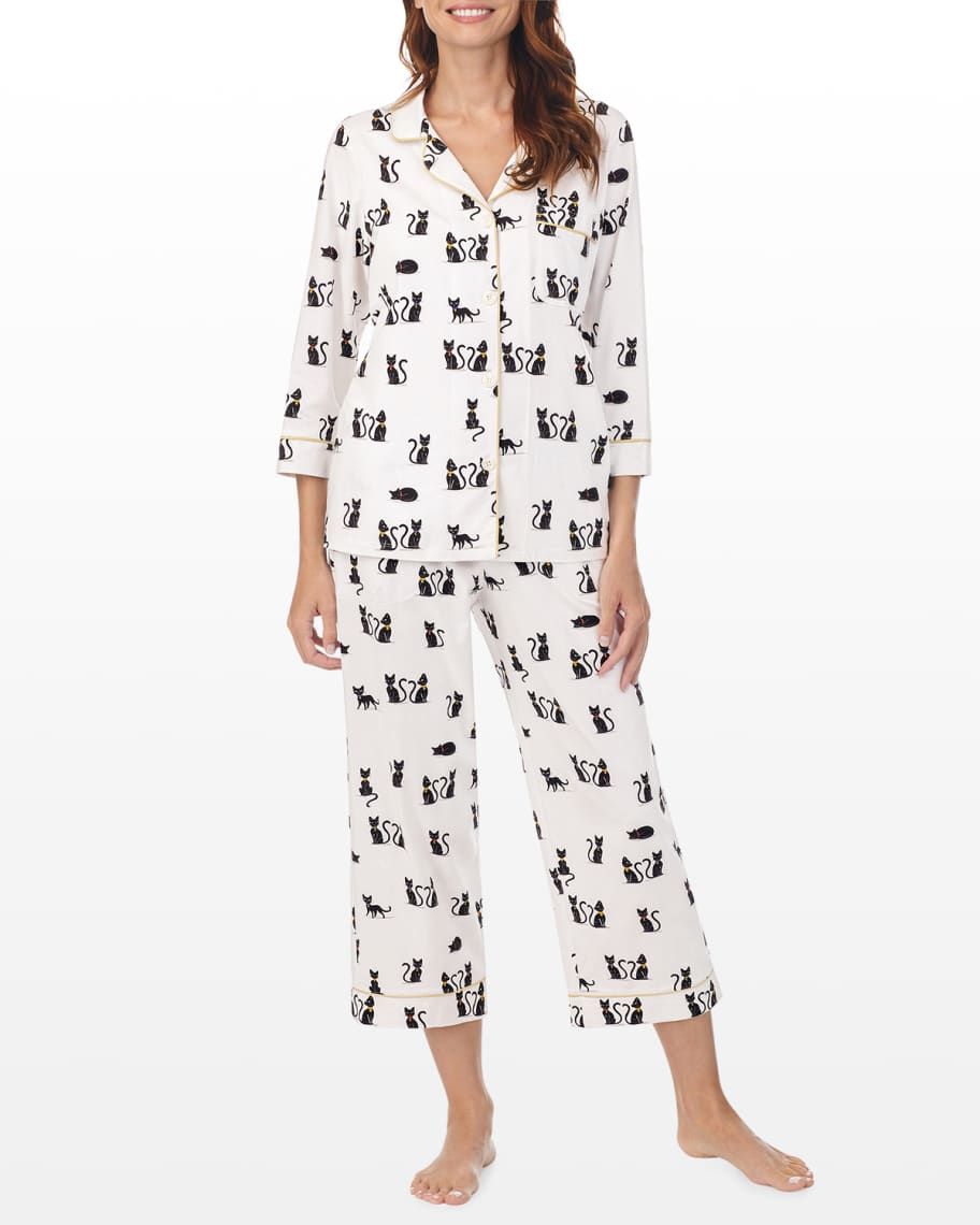BedHead Pajamas Cats-Print 3/4-Sleeve Crop Pajama Set | Neiman Marcus