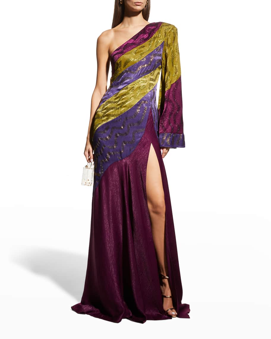 RAISAVANESSA Wave Colorblock One-Shoulder Satin Gown | Neiman Marcus